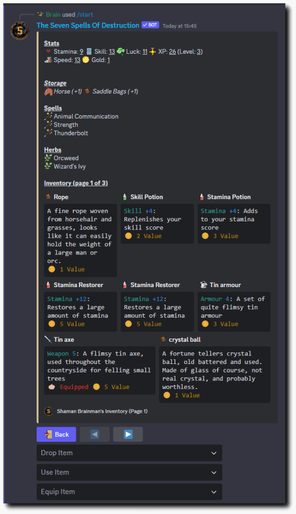 Discord RPG Bot Inventory - The Seven Spells Of Destruction Discord RPG Bot